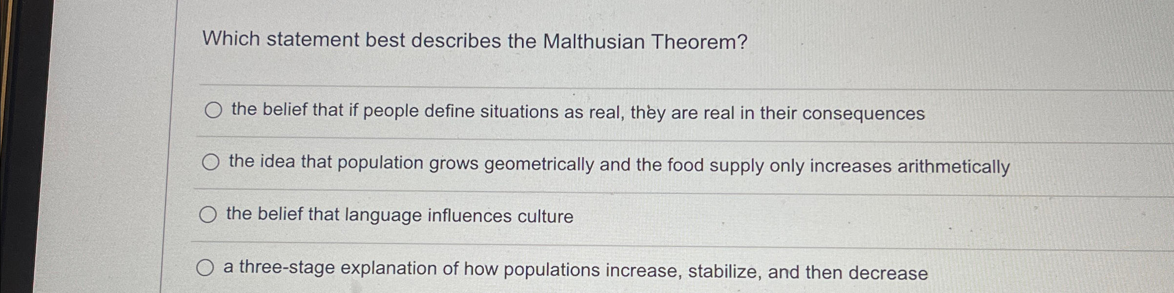Solved Which statement best describes the Malthusian | Chegg.com