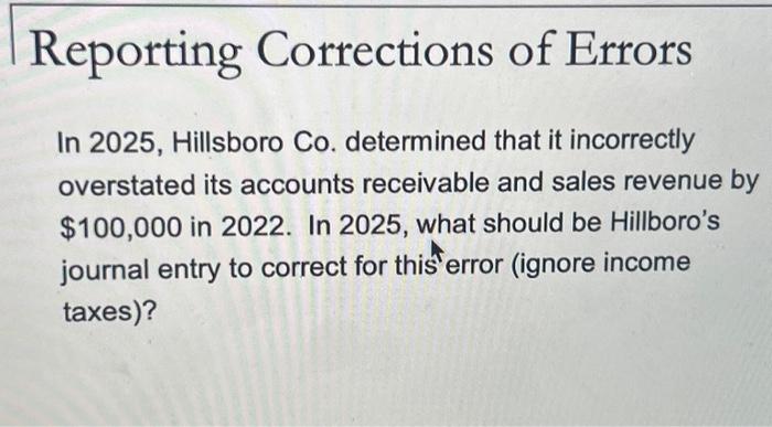 Solved Reporting Corrections of Errors In 2025, Hillsboro | Chegg.com