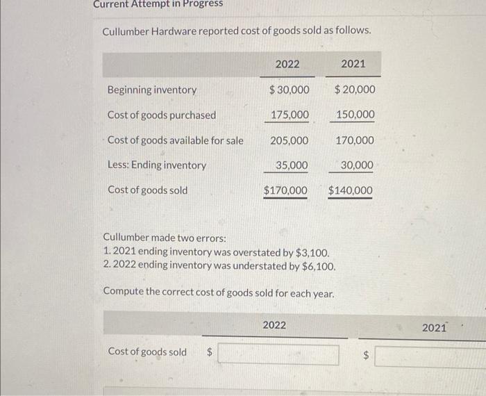 Solved Current Attempt in Progress Cullumber Hardware | Chegg.com