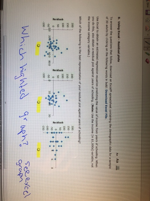 Solved 8. Using Excel - Residual plots Aa Aa E To answer the | Chegg.com
