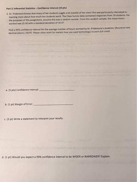 Solved Part 2: Inferential Statistics - Confidence Interval | Chegg.com