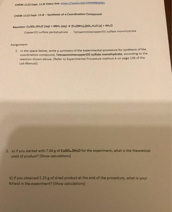 Solved CHEM 1112 Expt. 11.8 Video link: | Chegg.com