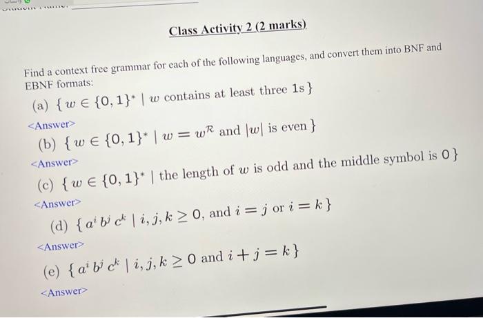 Solved Find a context free grammar for each of the following | Chegg.com