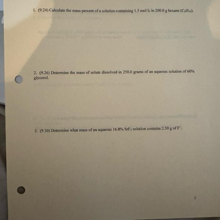 Solved 1. (9.24) Calculate the mass percent of a solution | Chegg.com