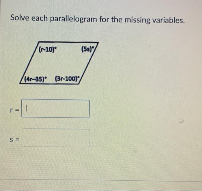 Solved Solve each parallelogram for the missing variables. | Chegg.com