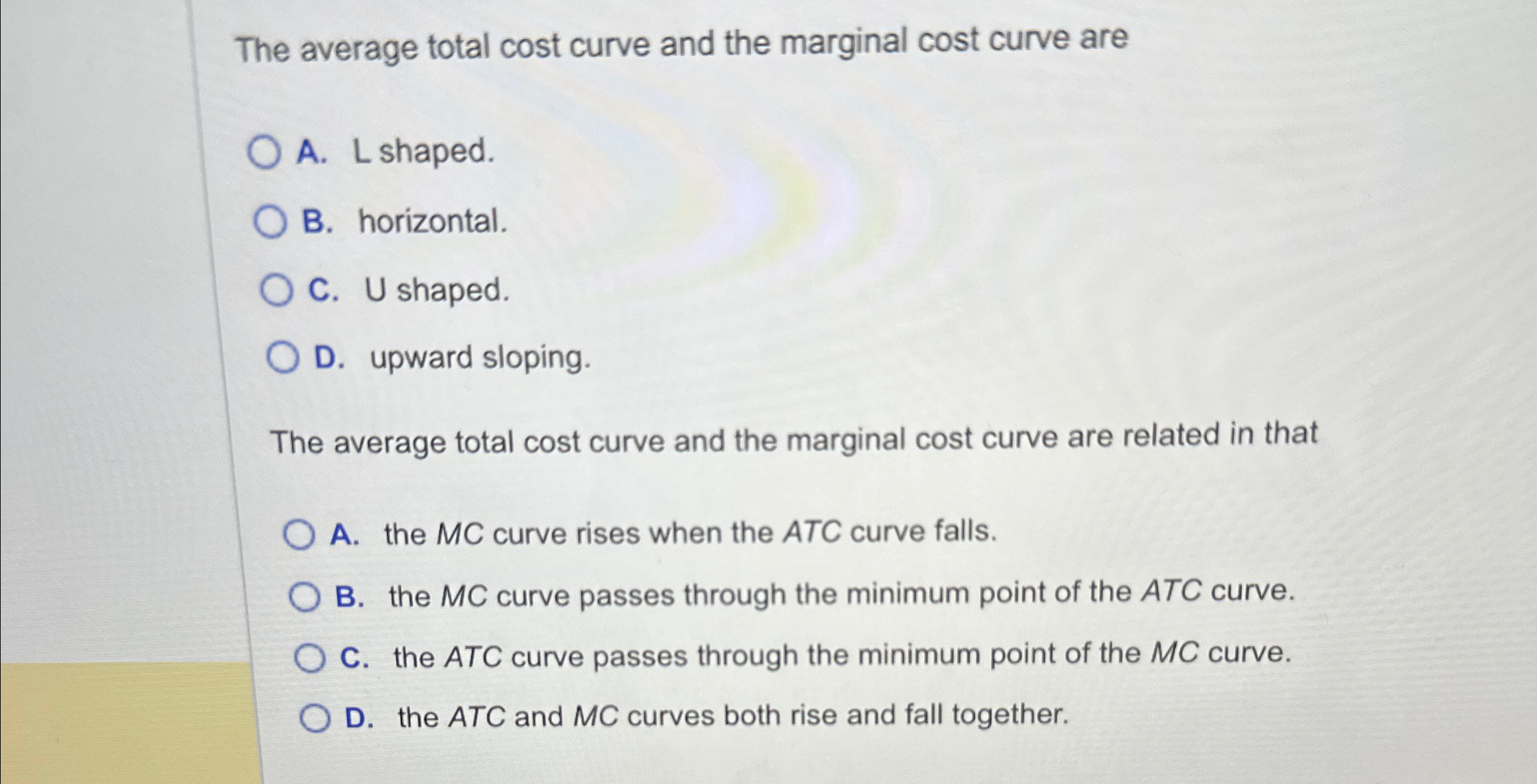 Solved The average total cost curve and the marginal cost | Chegg.com