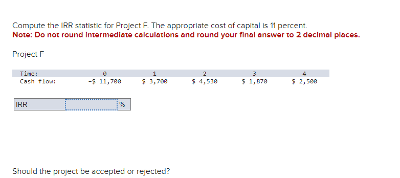 Solved Compute the IRR statistic for Project F. ﻿The | Chegg.com