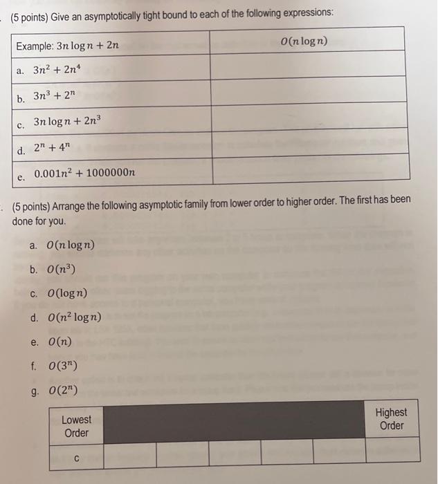 Solved (5 points) Give an asymptotically tight bound to each | Chegg.com