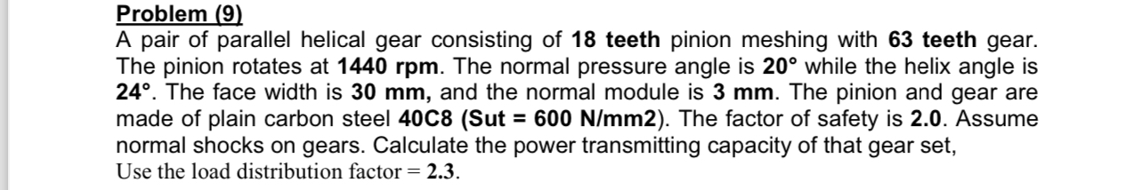 Solved Problem (9)A pair of parallel helical gear consisting | Chegg.com