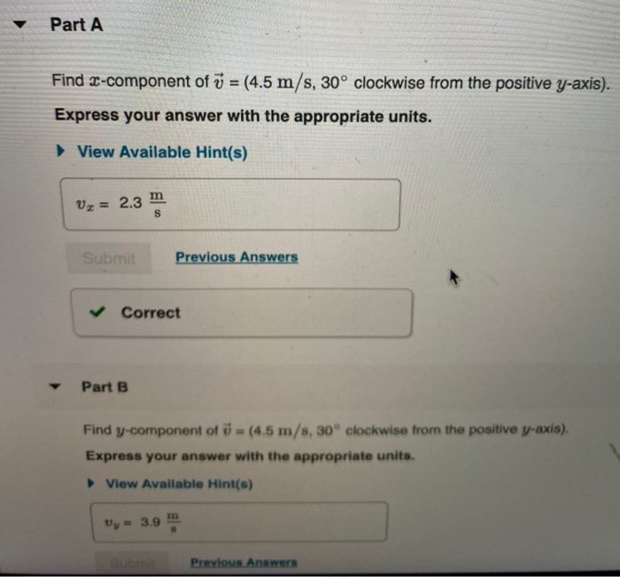 Solved Part A Find x-component of ū = (4.5 m/s, 30° | Chegg.com