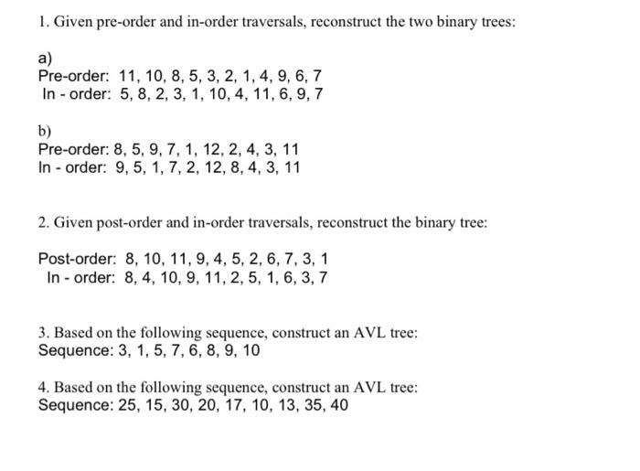 Solved 1. Given pre-order and in-order traversals, | Chegg.com