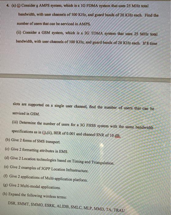 4. (a) Consider a AMPS system, which is a 1G FDMA | Chegg.com