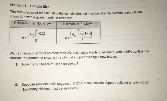 Solved Problem 3- Sample Size The formulas used for | Chegg.com