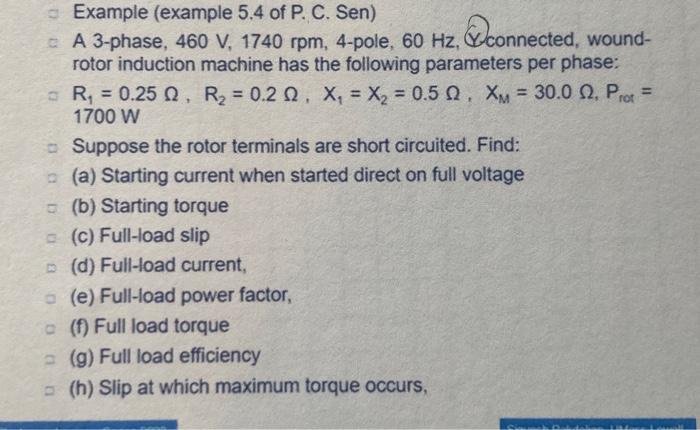 Solved Example (example 5.4 of P. C. Sen) A 3-phase, 460 | Chegg.com
