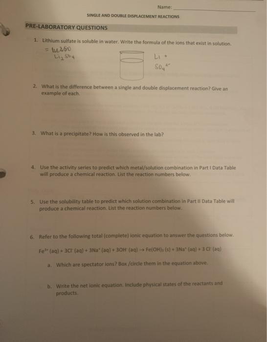 Solved Name: SINGLE AND DOUBLE DISPLACEMENT REACTIONS | Chegg.com