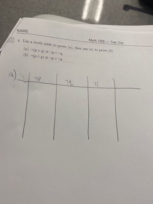 Solved NAME: 15 Math 2358 - Test One 4. Use a truth table to | Chegg.com