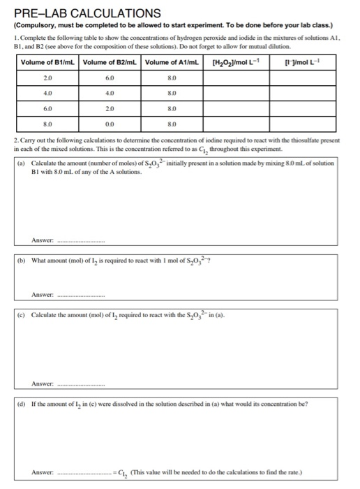 PRE-LAB CALCULATIONS (Compulsory, must be completed | Chegg.com PRE-LAB CALCULATIONS (Compulsory, must be completed | Chegg.com