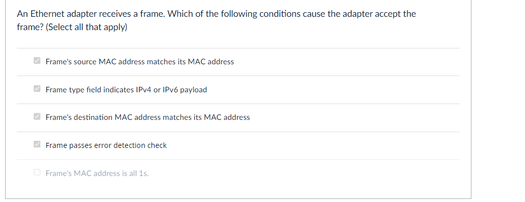 Solved An Ethernet adapter receives a frame. Which of the | Chegg.com