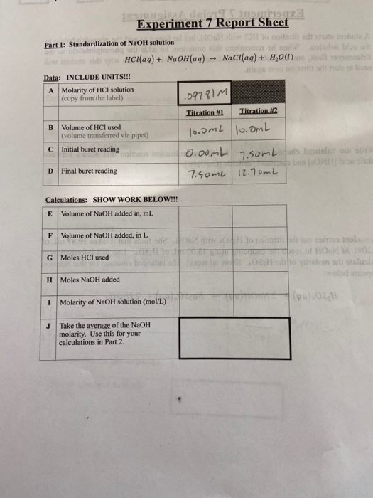 Solved Experiment 7 Report Sheet Part 1: Standardization of | Chegg.com