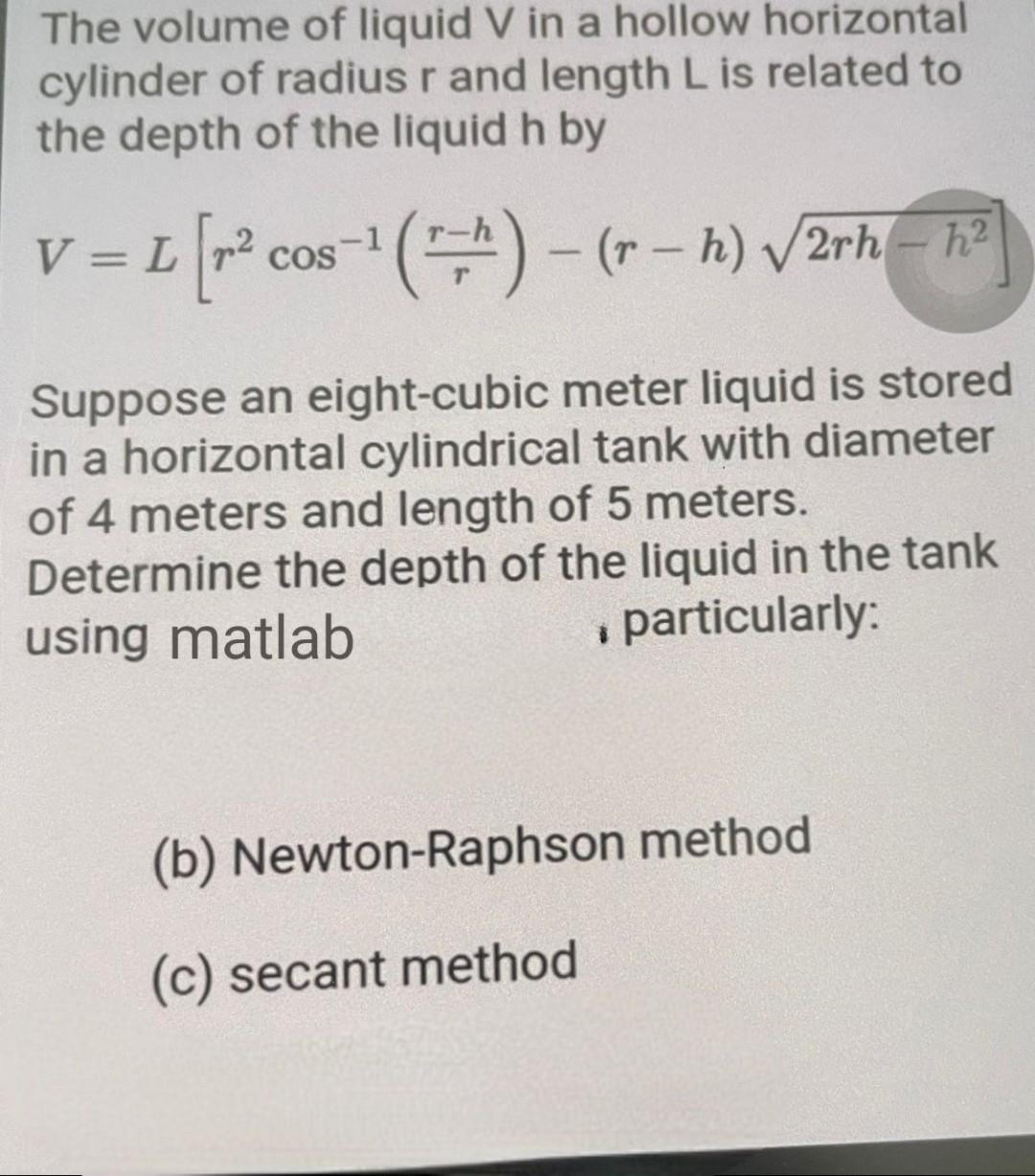 Solved The volume of liquid V in a hollow horizontal | Chegg.com