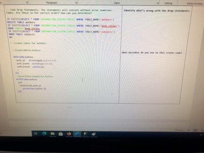 Solved 1) identify what is wrong with the drop statements?2) | Chegg.com