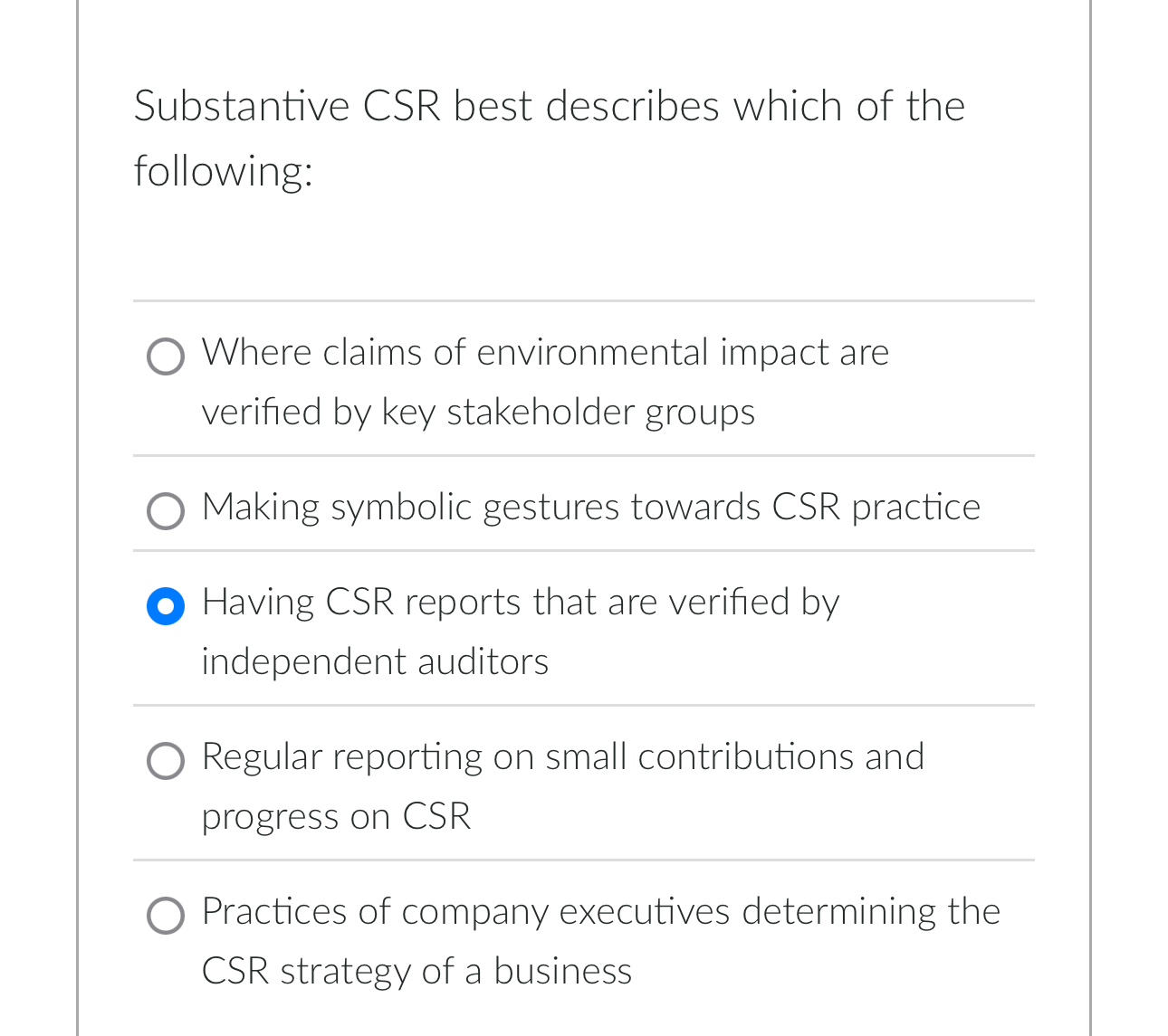 Solved Substantive CSR best describes which of | Chegg.com