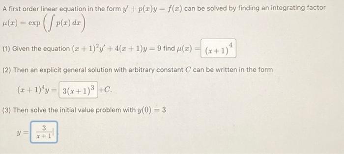 Solved A first order linear equation in the form y' + p(x)y | Chegg.com