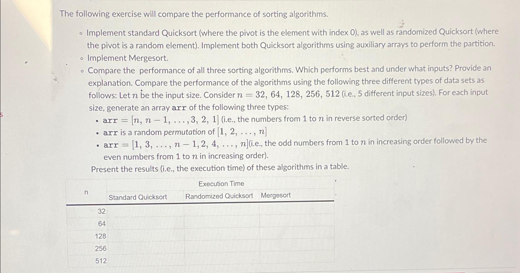 Solved The following exercise will compare the performance | Chegg.com