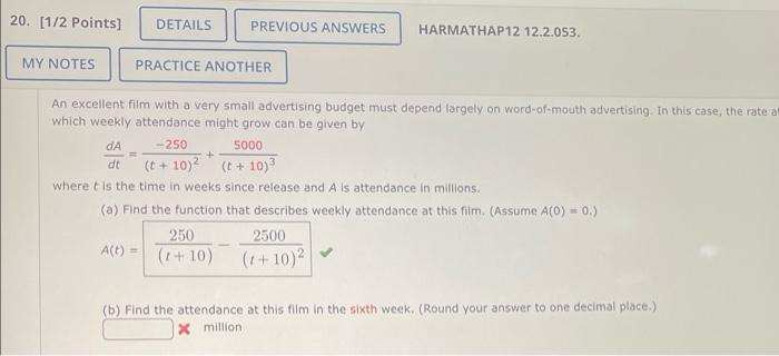 Solved 20. [1/2 Points] DETAILS MY NOTES dA dt PRACTICE | Chegg.com