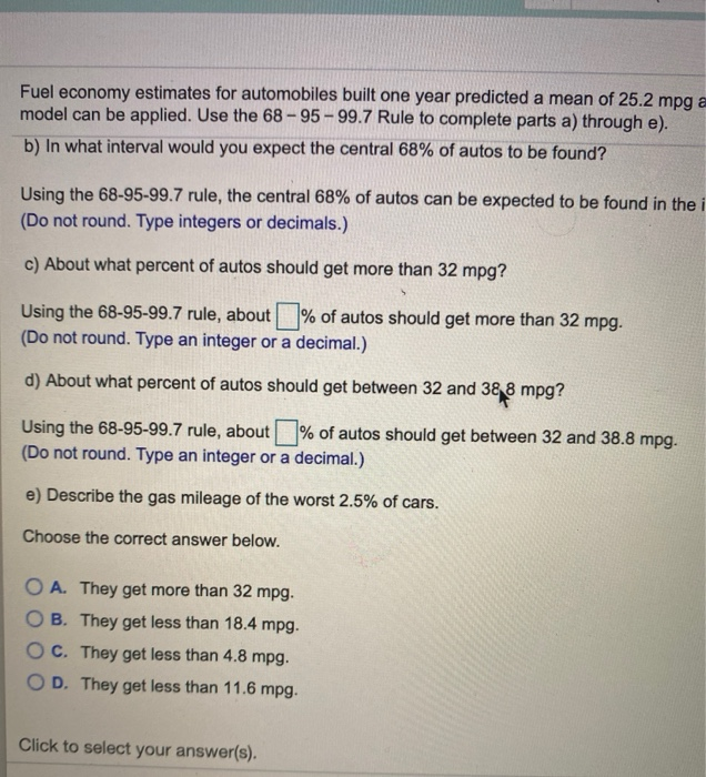 Solved Fuel economy estimates for automobiles built one year | Chegg.com