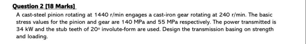 Solved Question 2 [18 Marks] A cast-steel pinion rotating at | Chegg.com