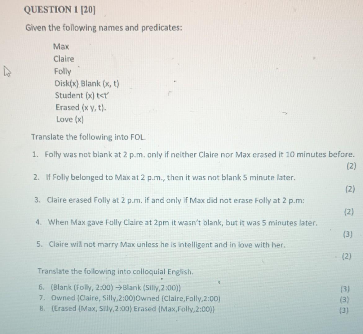 Solved QUESTION 1 [20] Given the following names and | Chegg.com