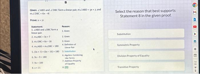 Solved Given: ∠ABD and ∠DBC form a linear pair, m∠ABD=3x+7, | Chegg.com