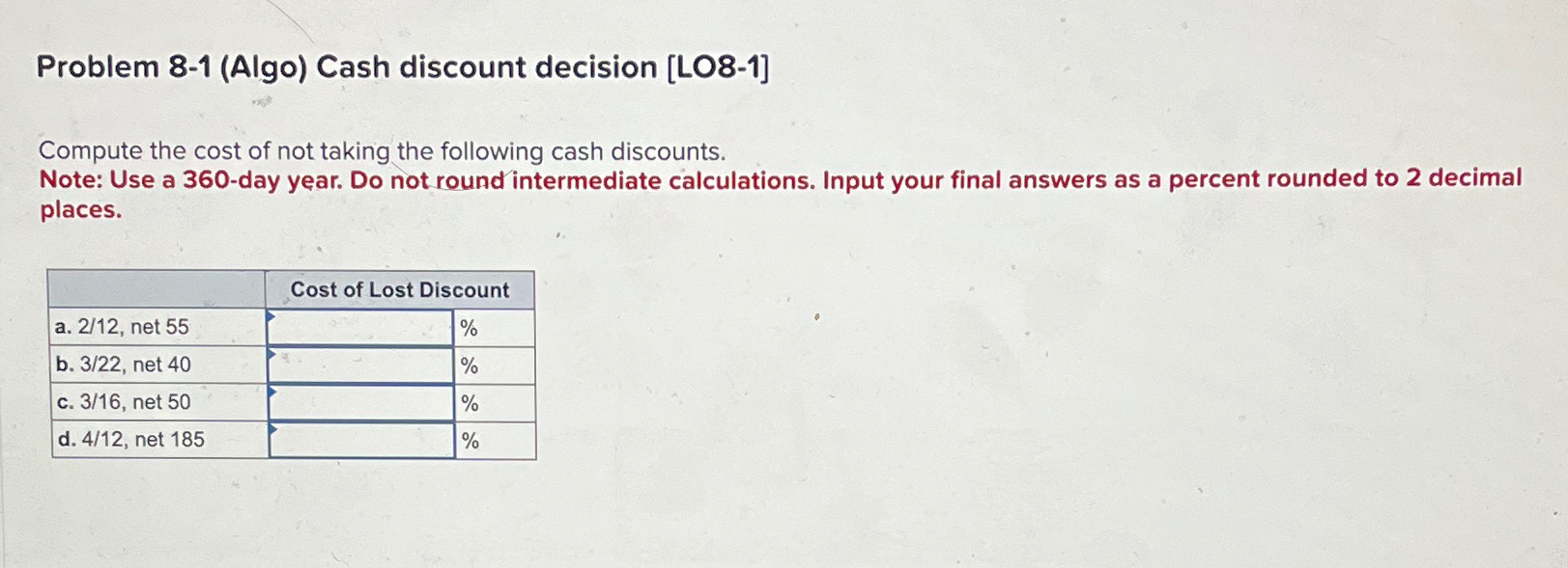 Solved Problem 8-1 (Algo) ﻿Cash discount decision | Chegg.com