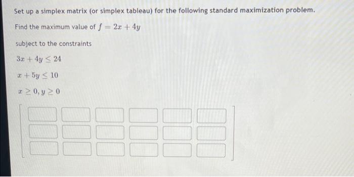 Solved Set up a simplex matrix (or simplex tableau) for the | Chegg.com