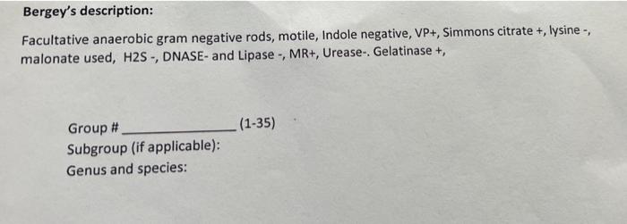 Solved iacultative anaerobic gram negative rods, motile, | Chegg.com
