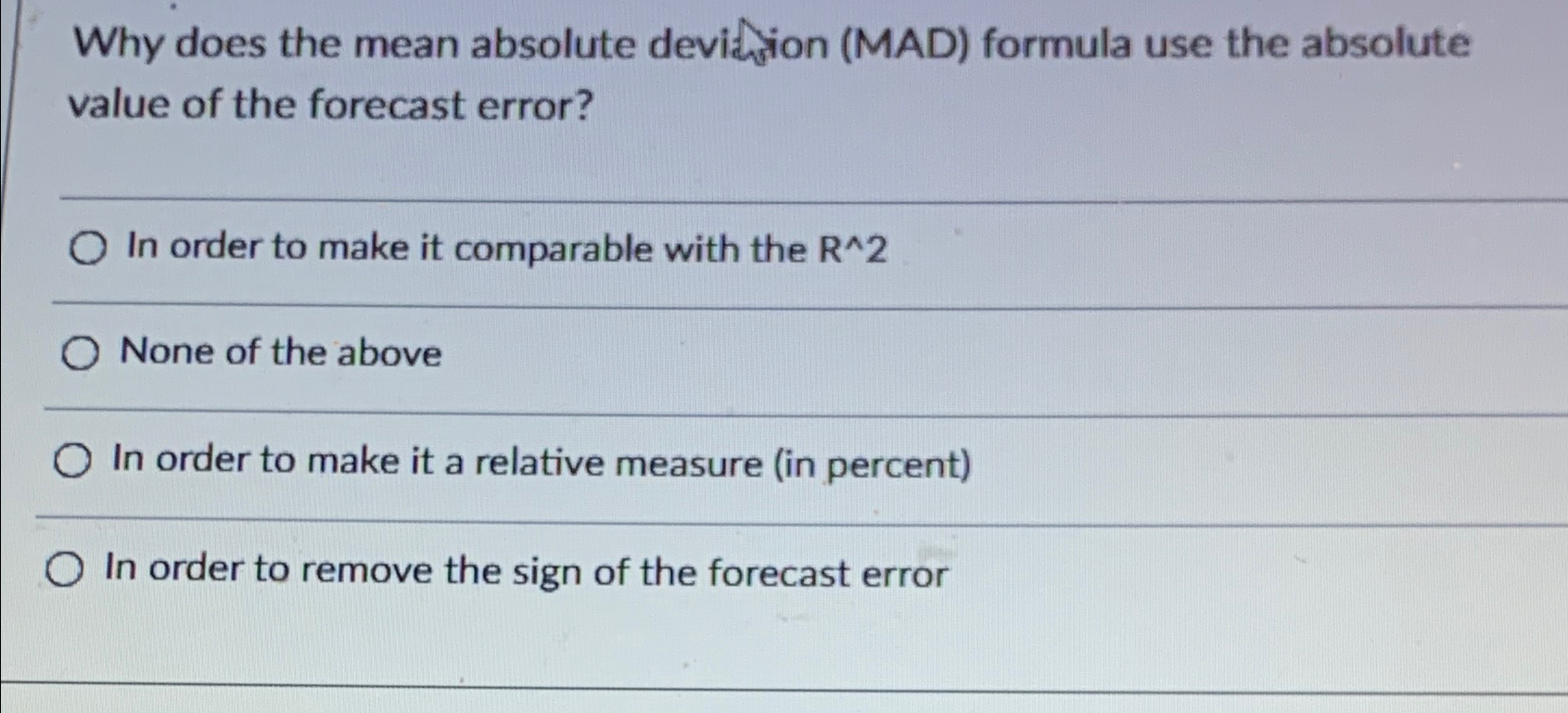 Solved Why does the mean absolute devidion (MAD) ﻿formula | Chegg.com