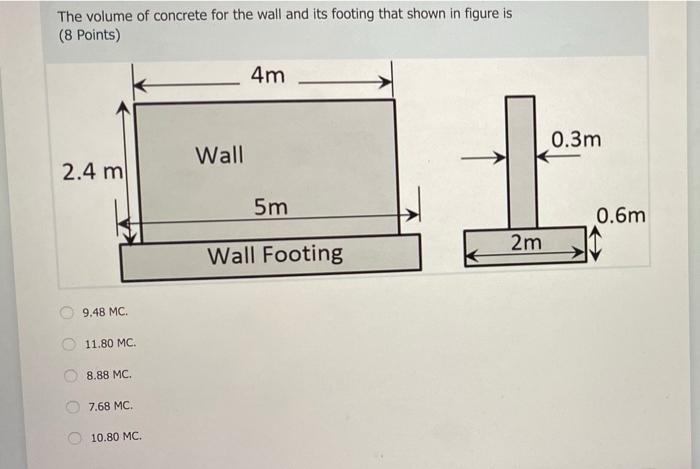 Solved The volume of concrete for the wall and its footing | Chegg.com