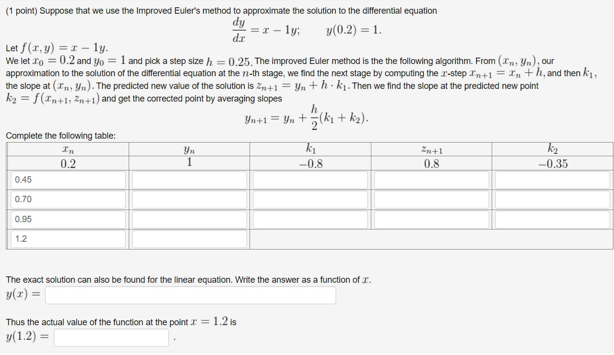 Solved (1 ﻿point) ﻿Suppose that we use the Improved Euler's | Chegg.com