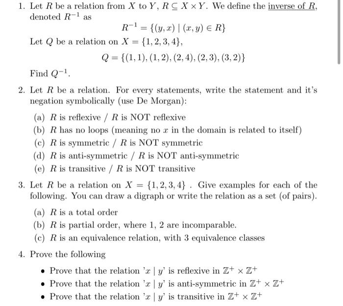 Solved 1. Let R be a relation from X to Y,R⊆X×Y. We define | Chegg.com