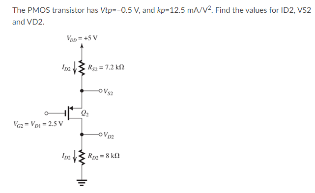 Solved The PMOS transistor has Vtp=-0.5V, ﻿and kp=12.5mAV2. | Chegg.com