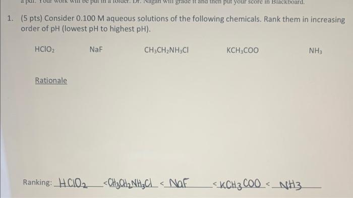 Solved (5 pts) Consider 0.100M aqueous solutions of the | Chegg.com