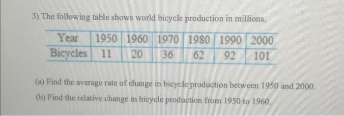 Solved 3) The following table shows world bicycle production | Chegg.com