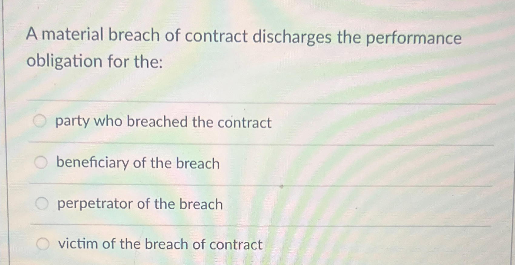 Solved A material breach of contract discharges the | Chegg.com