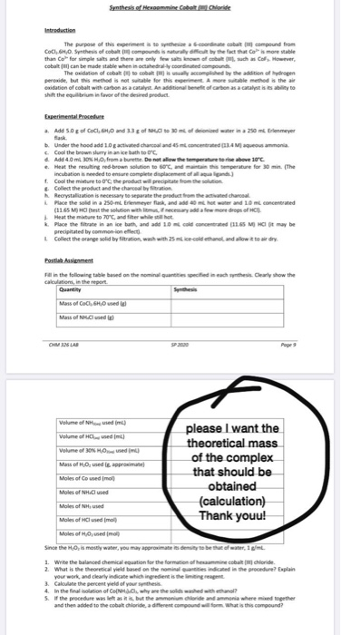 Solved synthesis of chloro pentaamine cobalt 3 chlorid | Chegg.com