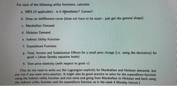 Solved For each of the following utility functions, | Chegg.com