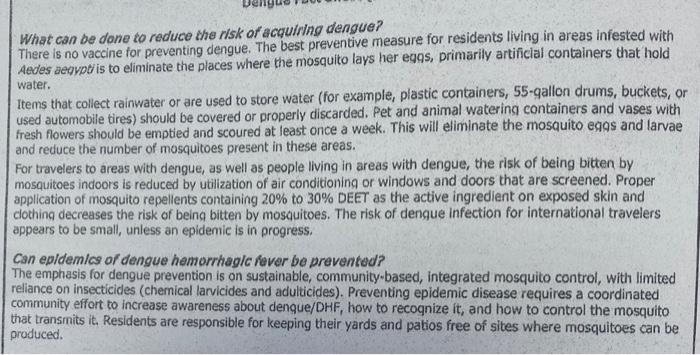 Solved Information about dengue fever is provided. After | Chegg.com