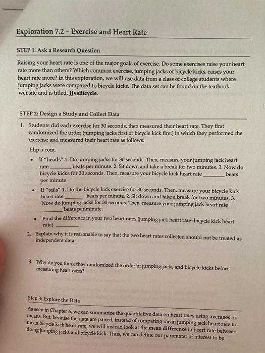 Solved Exploration 7.2 - Exercise and Heart Rate STEP 1: Ask | Chegg.com