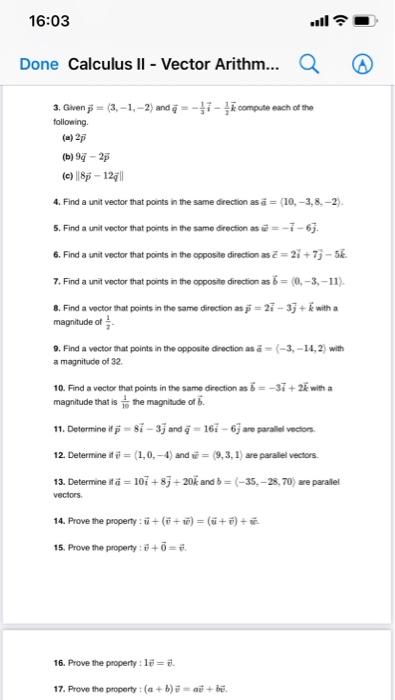 Solved Done Calculus II - Vector Arithm... 3. Given | Chegg.com