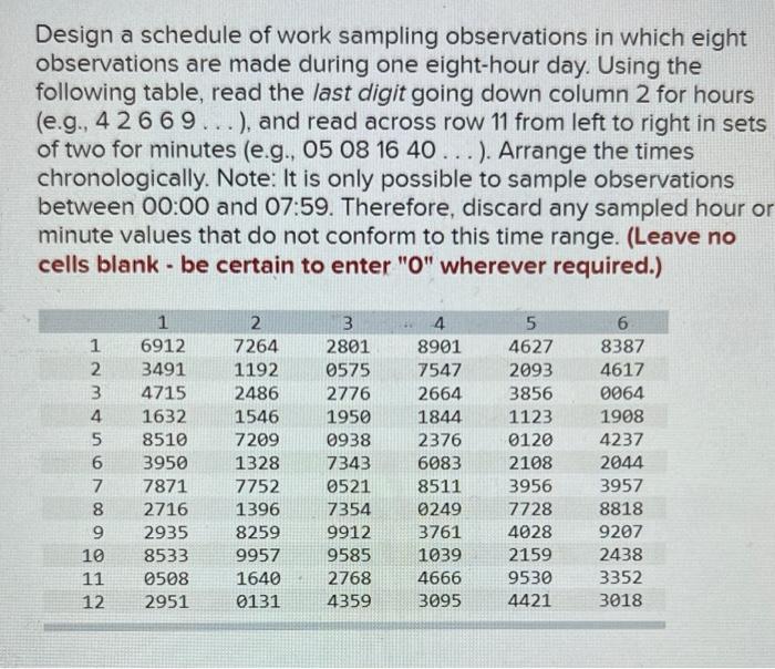 Solved Design a schedule of work sampling observations in | Chegg.com